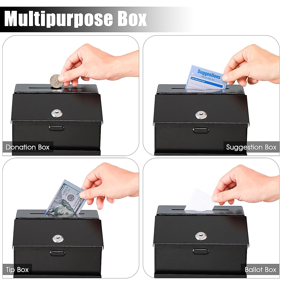 KYODOLED Metal Suggestion Box with Lock Wall Mounted Ballot Box Donation Box Key Drop Box with 50 Free Suggestion Cards 8.5H x 5.9W x 7.3L Inch Black