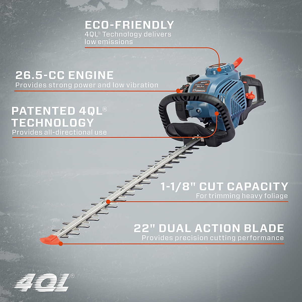 SENIX 4QL 26.5 cc 4 Cycle 22-Inch Gas Hedge Trimmer, Garden Tool to Trim Shrubs, Bushes, and More, Double Sided Dual Action Blades, 1-1/8" Cutting Capacity, Includes Blade Cover (HT4QL-L)