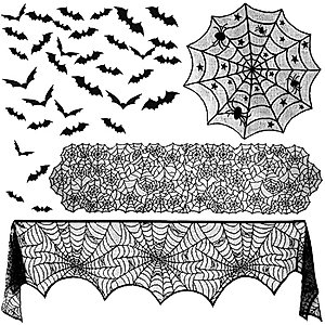 ZeeDix 39 Pcs Halloween Decorations Include Black Lace Spiderweb Round Tablecloth, Fireplace Scarf, Rectangle Table Runner and 36 Bats Wall Stickers for Halloween Home Party Decor