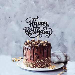 Crseniny Happy Birthday Cake Topper,Black Glitter Birthday Sign Cake Decorations，Anniversary Party/Birthday Party Decoration Supplies(Black)