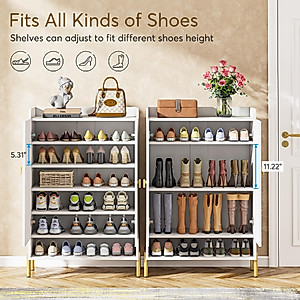 Tribesigns Shoe Cabinet Storage Entryway: Slim 6-Tier Shoe Organizer Cabinet with Adjustable Shelves, Freestanding Wood Shoe Rack with Doors for Entryway, Hallway, Living Room - White