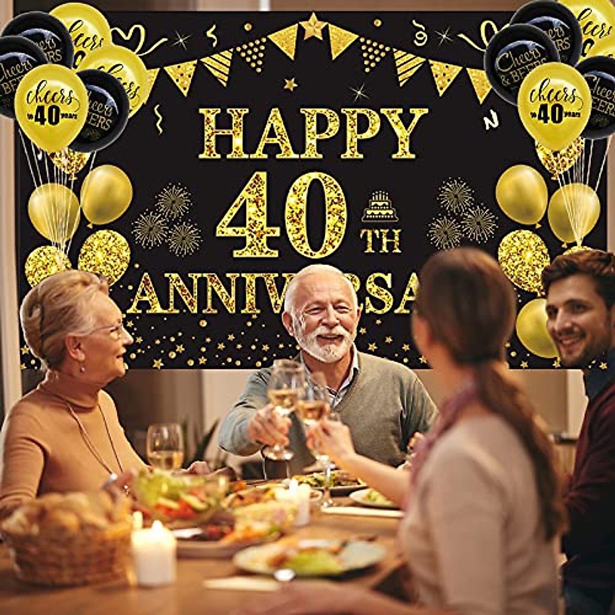 DARUNAXY 40th Wedding Anniversary Decorations, Large Happy 40th Anniversary Banner Backdrop 70 x 43 Inches, Black and Gold Party Balloons, Hanging Swirls for Indoor Outdoor Home Wall Party Supplies