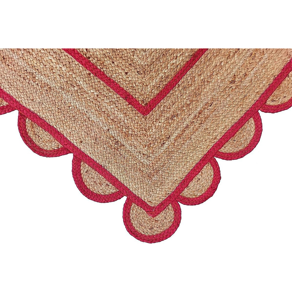 BUNDELA EXPORTS Scalloped Jute Area Rug, Floor Farmhouse Rug Natural Braided Reversible Boho Eco Large 2x12 Ft Runner Rug (RED)