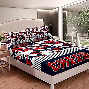 Dreamy Girly Cheerleading Bed Sheet Set 3 Pieces,Gymnastics Dance Microfiber Bedding Set with Flat,Red Camo Geometry Fitted Sheet,2 Pillow Cases,Full Size
