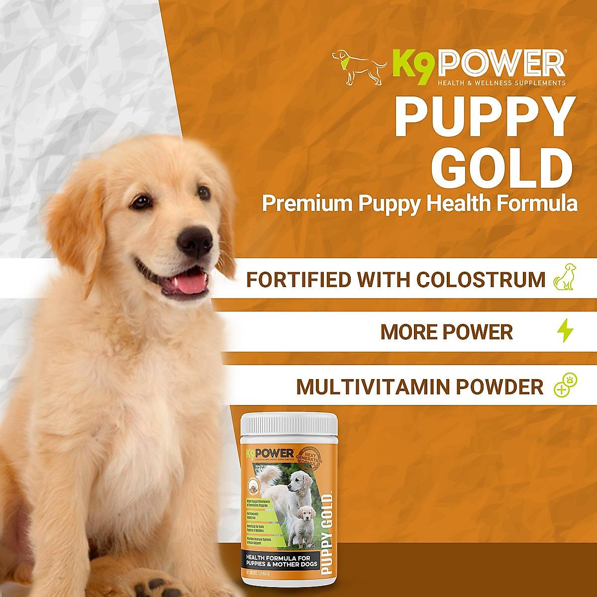 K9 Power Puppy Gold 1 lb - Supplement for Growing Puppies & Nursing Mothers - Essential Nutrients for Healthy Growth & Development - 45 Scoops