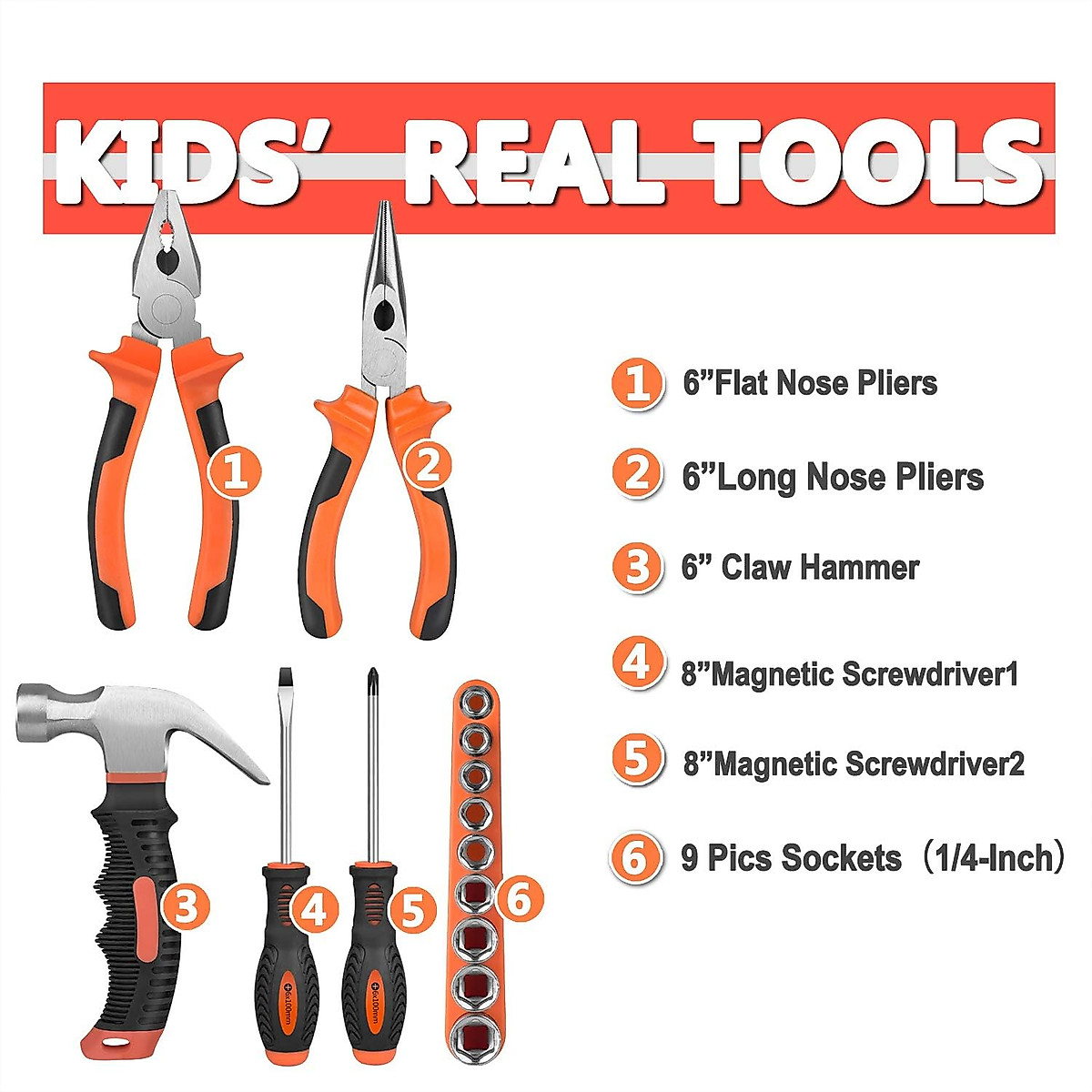 45 Pieces Kids Real Tool Set Construction Tool Set for Kids with Tool Belt,Hand Tools,Safety gogles,Solid Tool Box-Kids Learning Tool Kit for Home DIY and Woodworking, Great Gift Tool kit