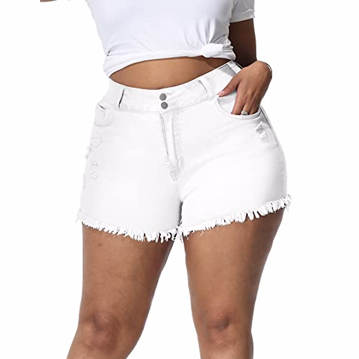 ALLEGRACE Sexy Plus Size Denim Shorts Women Distressed High Waist Shorts with Pockets 759 White 14W