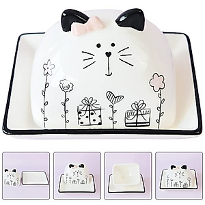 Cabilock Butter Dish with Lid Cute Cat Butter Box Ceramic Butter Container Holds for Countertop Cheese Butter Holder Butter Keeper for Home Kitchen Decor