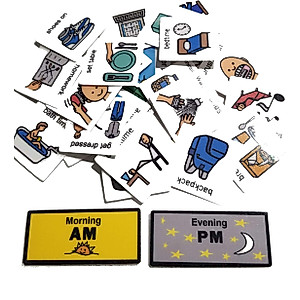 Kids Plastic or Laminated Visual Schedule Calendar Chart for Home, School, Centers, Photo Cards: Chores, Reinforcers, School, Behavior (One Strip Blue Schedule, Laminated/Cartoon 60 Home Cards)