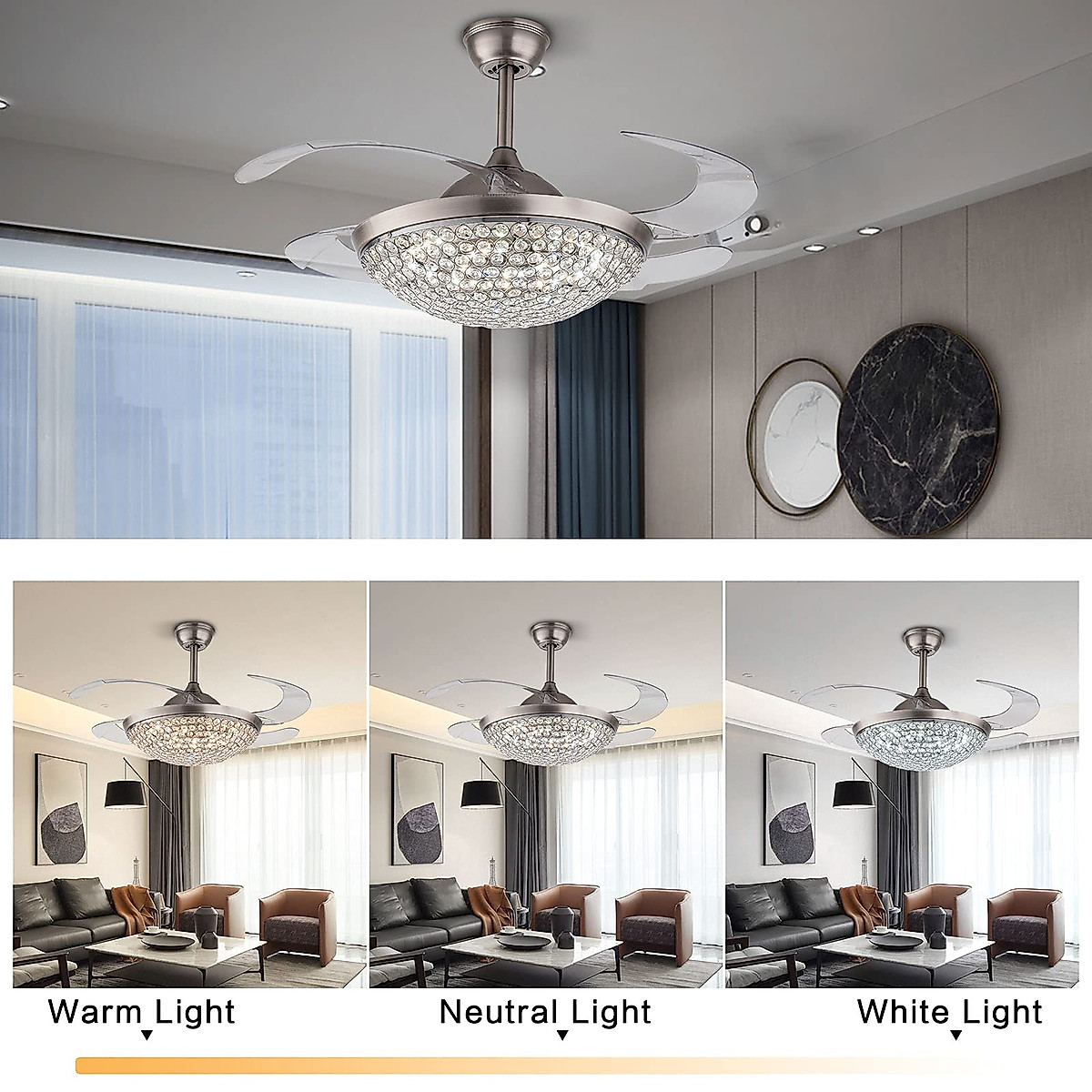 GDNTMU Ceiling Fan with Lights Remote Control 42 inch, Modern Ceiling Fan Chandelier Invisible 4 Retractable Blade with 3 Light Color Changes and 3 Speeds for Dining/Living Room Bedroom