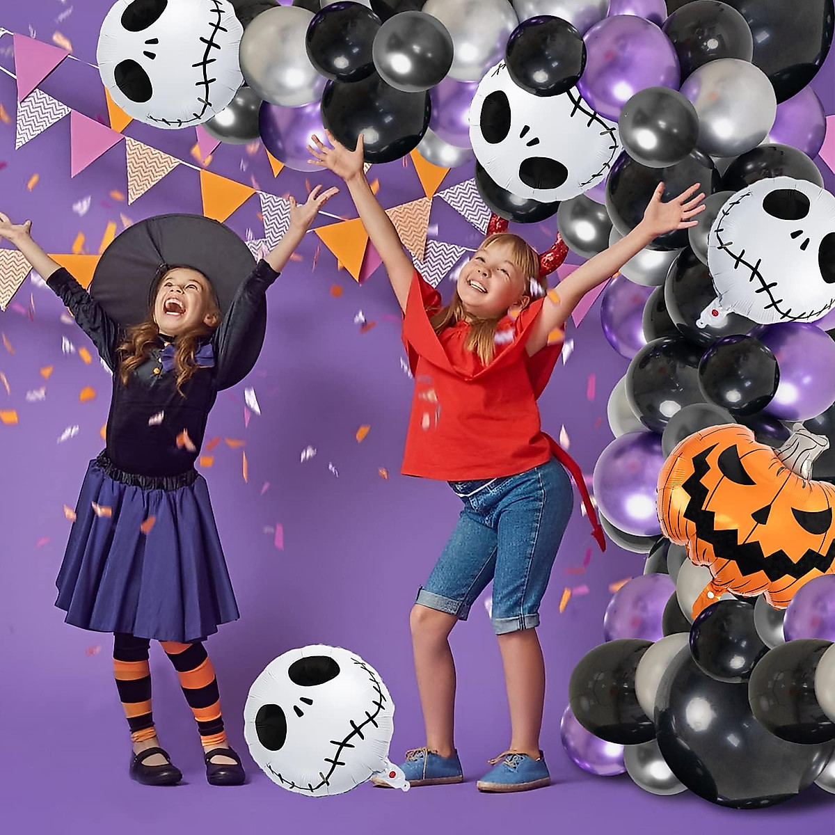 Skull Halloween Birthday Party Decorations - 141pcs Purple Black Balloon Garland Arch Kit with Pumpkin Skull Balloons for Nightmare Before Christmas, Day of the Dead, Halloween Baby Shower Decorations
