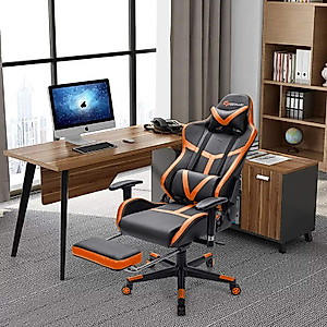 Goplus Gaming Chair, Massage Office Chair Computer Gaming Racing Chair, High Back PU Leather Adjustable Ergonomic Reclining PC Game Chair, Rolling Swivel Executive Chair with Footrest (Blue)