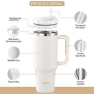 Taykos 40oz Tumbler with Handle and Straw, Leak Proof Tumblers Cup, Stainless Steel Insulated Travel Coffee Mug, Keeps Drinks Cold for 24 Hours or Hot, Car Cup Holder, Cream White