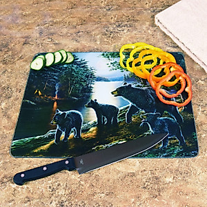 Rivers Edge Products Large 12in x 16in Decorative Tempered Glass Cutting Board, Hypoallergenic, Non Slip, Textured Surface Chopping Board for Kitchen, Black Bear