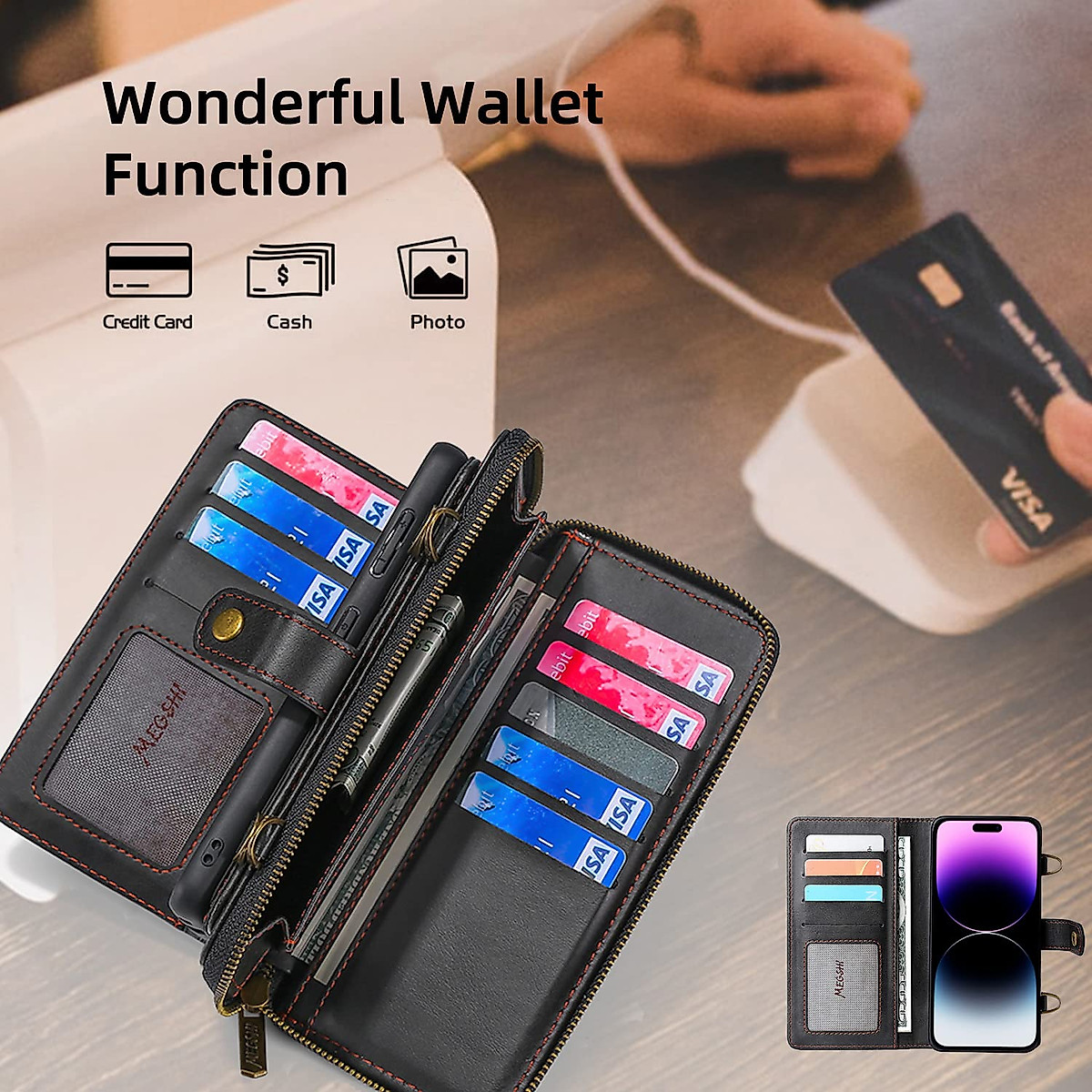 Compatible with iPhone 14 Pro 6.1 inch Wallet Case Crossbody Shoulder Strap Stand Card Holder Multi-Function 2in 1 Detachable Magnetic Phone Cover for iPhone14Pro 5G i i-Phone i14 iPhone14 14Pro Black