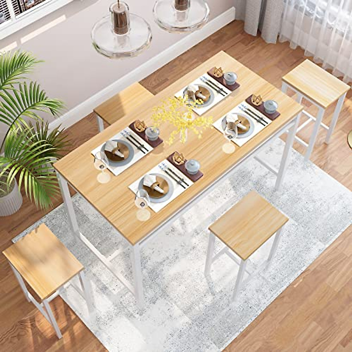 AWQM 5 Piece Bar Table Set, Modern Counter Height Dining Table and Chairs Set for 4, Wood Kitchen Table and 4 Bar Stools for Small Spaces, Apartment, Pub, Dining Room, Beige