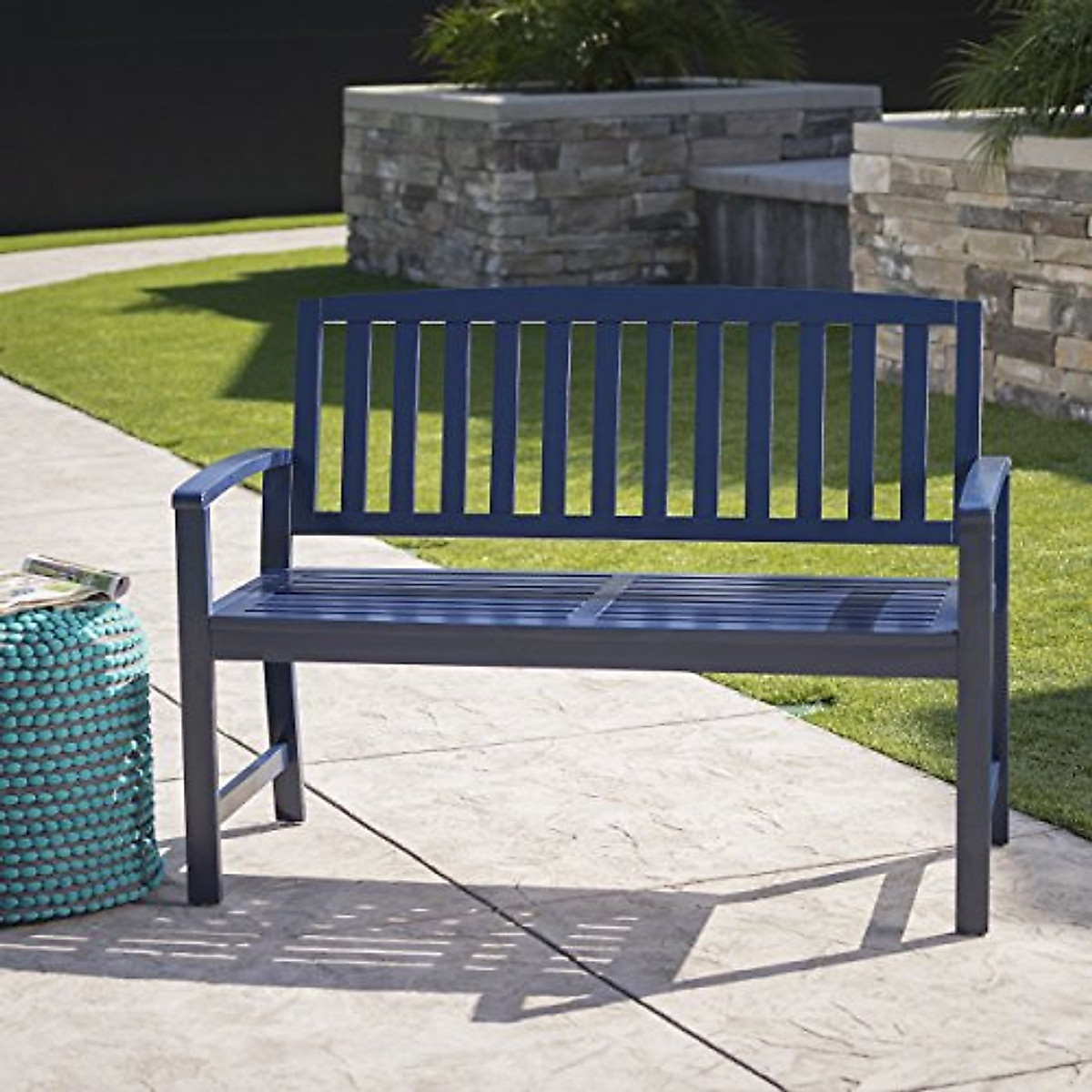 Christopher Knight Home Loja Outdoor Acacia Wood Bench, Pu Navy Blue
