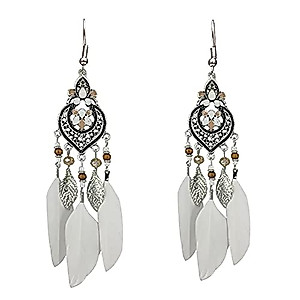 VFlowee Bohemian Earrings Feather Tassel Silver Ethnic Drop Earrings Retro Boho Dangle Earring Bead Women Teen Girls Jewelry for Birthday Party Gifts