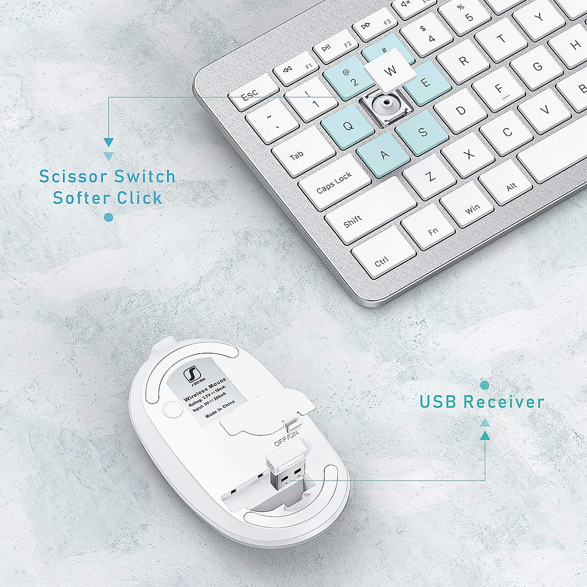 Rechargeable Wireless Keyboard Mouse Combo - Seenda Full Size Cordless Keyboard & Mouse Sets with Build-in Lithium Battery Ultra Thin Quiet Keyboard Mice - Silver and White