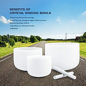 RYAN DVAN 6-10 Inch Set of 3 Frosted Quartz Crystal Singing Bowl Chakra Set with Free Carrying Case