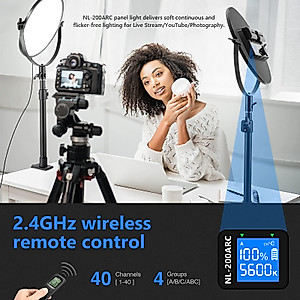 Neewer Desk Mount Round LED Video Light with C-Clamp Stand and 2.4G Wireless Remote, 2-Pack 10.6-inch 30W 3200K-5600K Dimmable Bi-Color Soft Light Panel CRI97+ for Game/Live Streaming/Video Conference