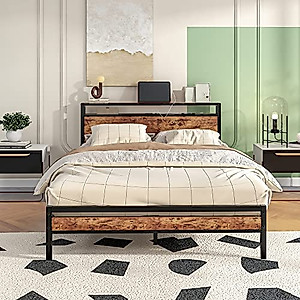 HOJINLINERO Bed Frame Queen Size with Storage Headboard/Power Outlets/USB Ports Charging Station,Metal Bed Frame Queen Size No Box Spring Needed,Under Bed Storage,Easy Assembly,Rustic Brown