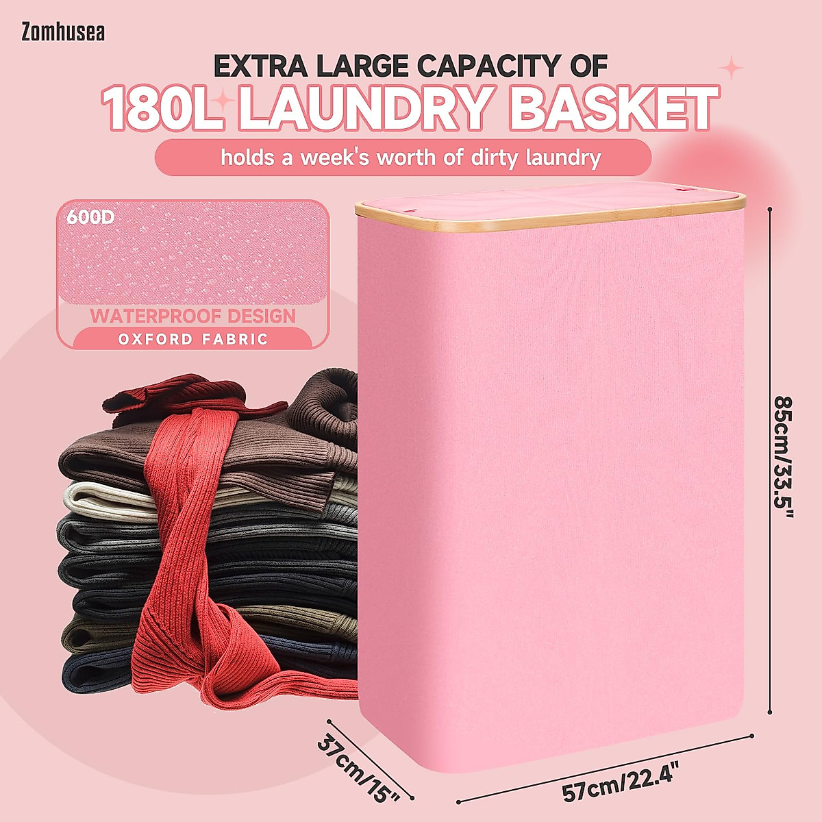 Zomhusea Collapsible Laundry Baskets - Laundry Hamper with Lid, 180L (47.5 Gal) Extra Large Laundry Hamper 2 Section Dirty Clothes Hampers for Laundry Bin Storage with 2 Laundry Bags for Bathroom