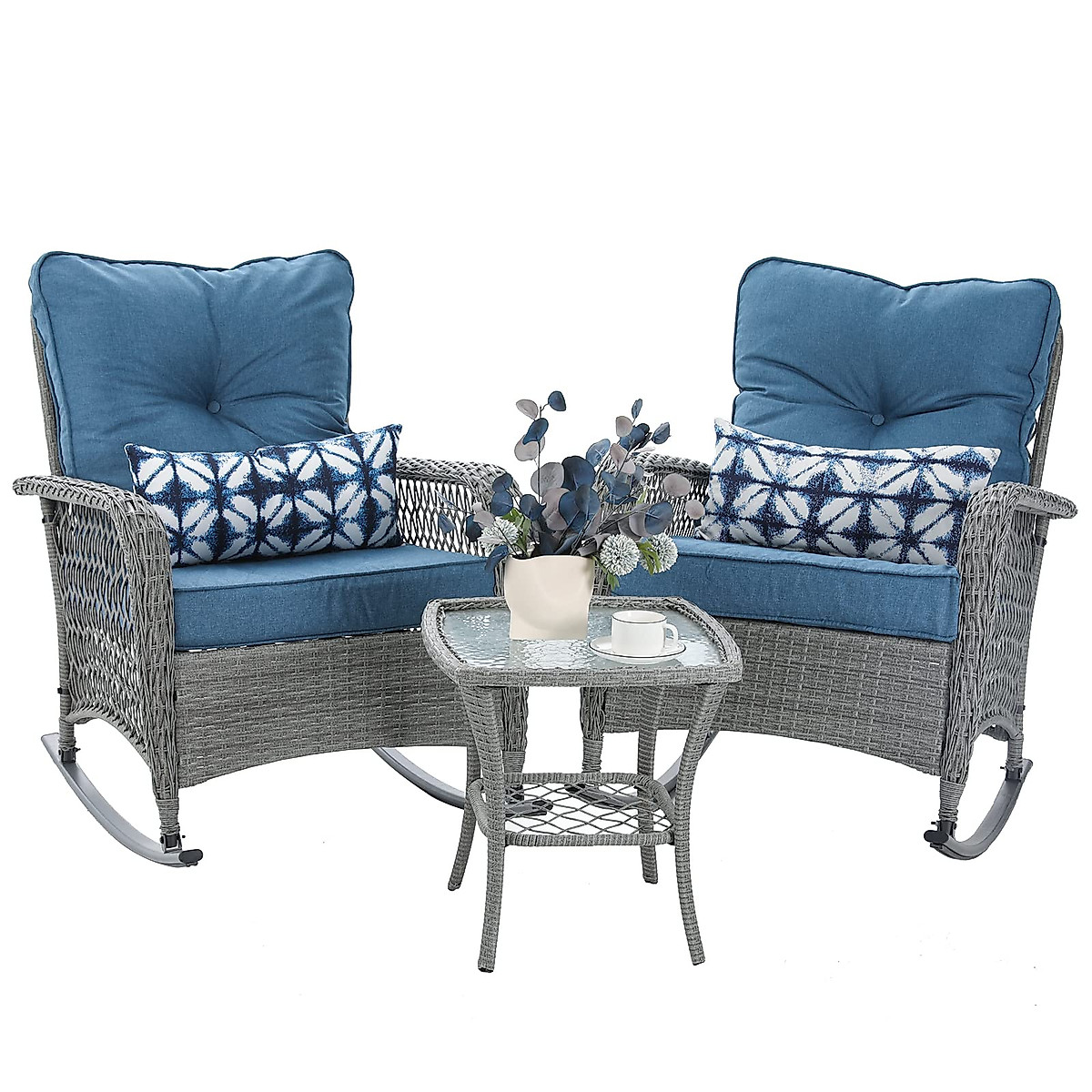 VONZOY Patio Furniture Set 3 Pieces, Wicker Rocking Bistro Set with Thick Cushions, Outdoor Rocker Chairs and Coffee Table for Porch, Backyard or Garden (Blue)