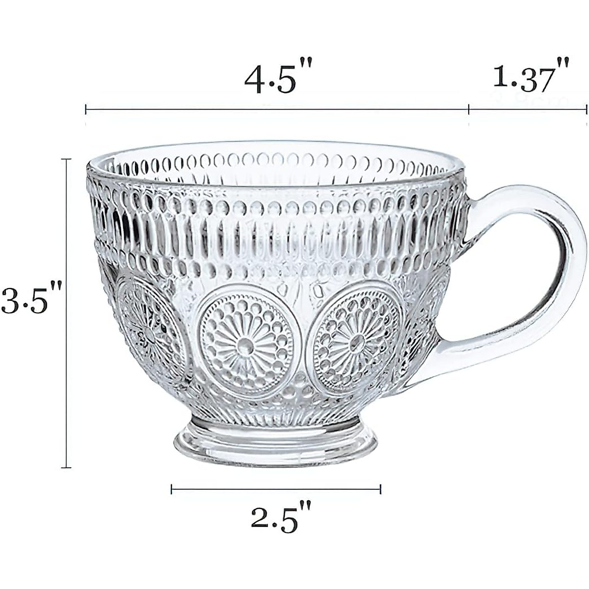 Kingrol Glass Coffee Mugs with Handles, 6 Pack 12.5 Ounces Embossed Tea Cups, Vintage Drinking Glassware for Water, Milk, Latte, Cappuccino, Dessert, Beverage