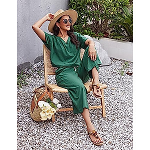 Ekouaer Women's 100% Cotton Linen Lounge Set Short Sleeve Top Wide Leg Pant Pajama Set Outfits,Viridian,X-Large