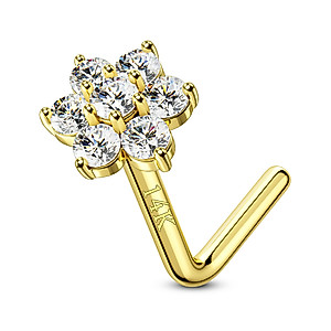 CM Crareesi Mania 14K Real Gold Nose Rings 20G Nose Piercing Jewelry Flower Nose Rings Studs L-Shaped Solid Yellow Gold Nose Rings for Women