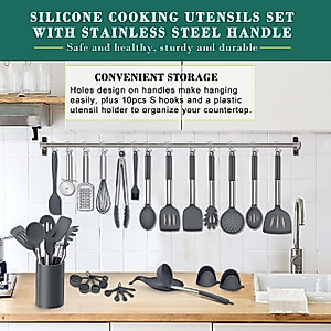 Homikit 38 Pieces Kitchen Cooking Utensils Set with Holder, Gray Silicone Utensil with Stainless Steel Handle, Nonstick Kitchen Tools with Spatula Ladle Pizza Cutter Grater Spoon Rest, Heat Resistant