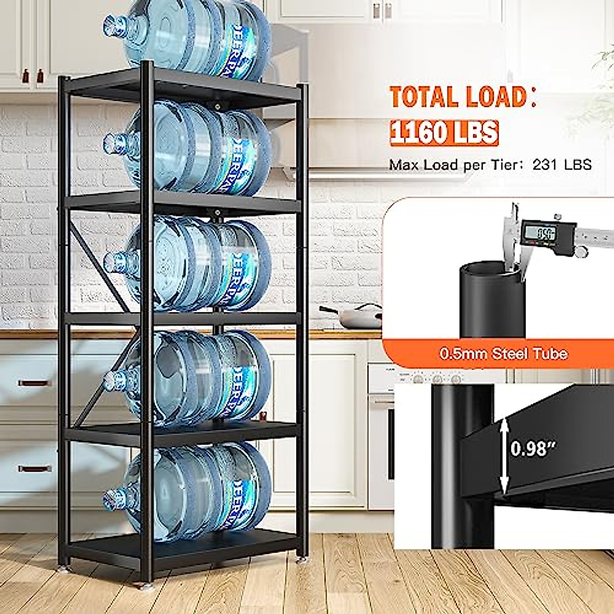 REIBII Storage Shelves for Storage Heavy Duty Shelving Unit with Wheels 5-Tier Metal Shelving Adjustable Storage Shelf Load 1160 LBS Kitchen Bathroom 23.6" W * 15.7" D * 65.4" H