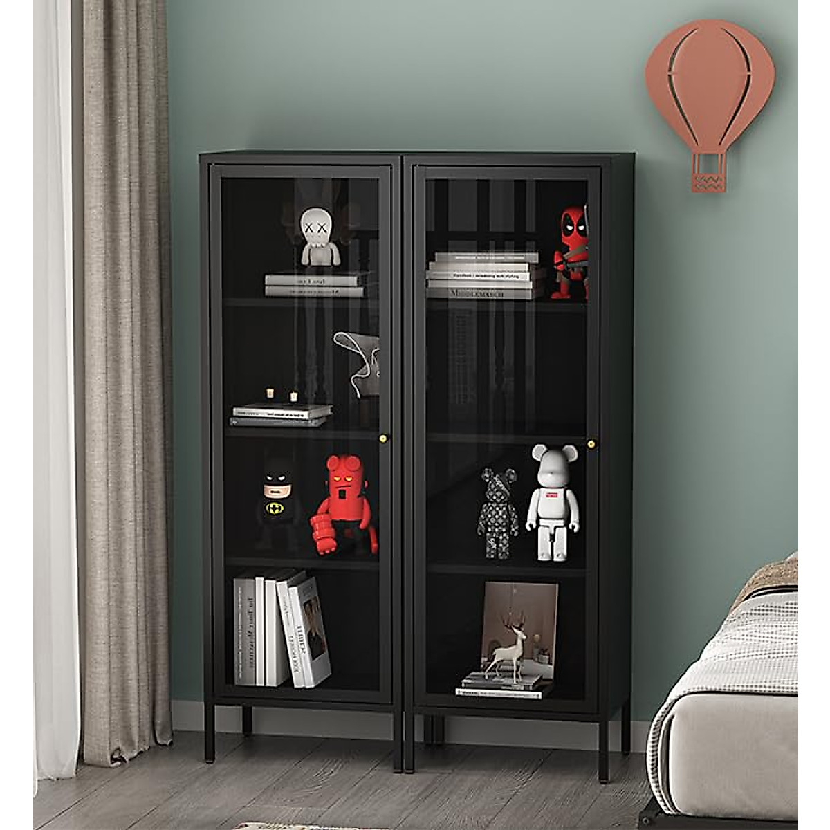 MIOCASA Display Cabinet Steel Storage Cabinet, Bookcase with Glass Door Accent Tall 4 Tier File Cabinet for Home, School, Gym, Bathroom and Office (H150-Glass 1D)