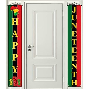 Pudodo Happy Juneteenth Porch Banner Black Liberation African American Independence Day Freedom Front Door Wall Sign Party Decoration