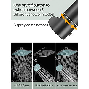 Cobbe 12'' High Pressure Rain Shower Head with Extension Arm - Dual Shower Heads with 8 Modes Handheld Spray Combo - Wide RainFall shower with Anti-Clog Nozzles, Adhesive Showerhead Holder, Black