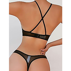 SOLY HUX Women's Mesh Solid Sheer See Through Lingerie Set Sexy Lace Bra and Panty 2 Piece