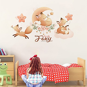 Cute Little Fox with Flower Wall Stickers, Cartoon Animal Wall Stickers, Removable DIY Wall Decor Vinyl Mural Art for Kids Baby Nursery Bedroom Living Room Playroom Decoration