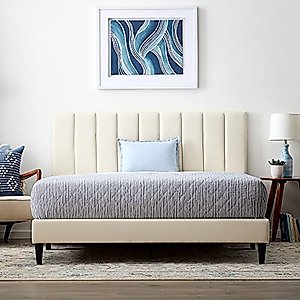 Lucid Bed Frame with Headboard – Vertical Channeled Upholstered Platform Frame – Queen Size– No Box Spring Needed - Pearl