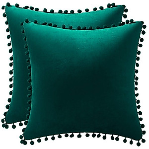DEZENE Decorative Pillow Covers 18x18 Green: 2 Pack Cozy Soft Pom-poms Velvet Square Throw Pillow Cases for Farmhouse Home Decor