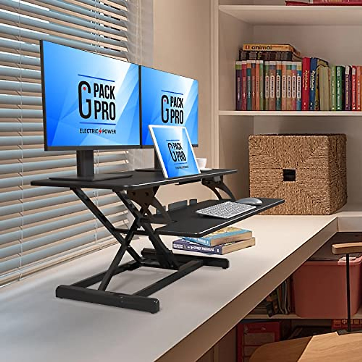 G-PACK PRO X38 Electric Standing Desk Converter Motorized Stand up Riser for Sit Stand Desk Workstation with Removable Keyword Tray and Space for Dual Monitors