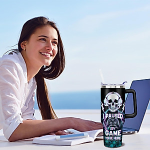 thmasamwr Game Tumbler with Lid and Straw, 40oz Gamer Water Bottle Cup with Handle, Gaming Travel Coffee Mugs, Birthday Gifts for Gamer Men Boys