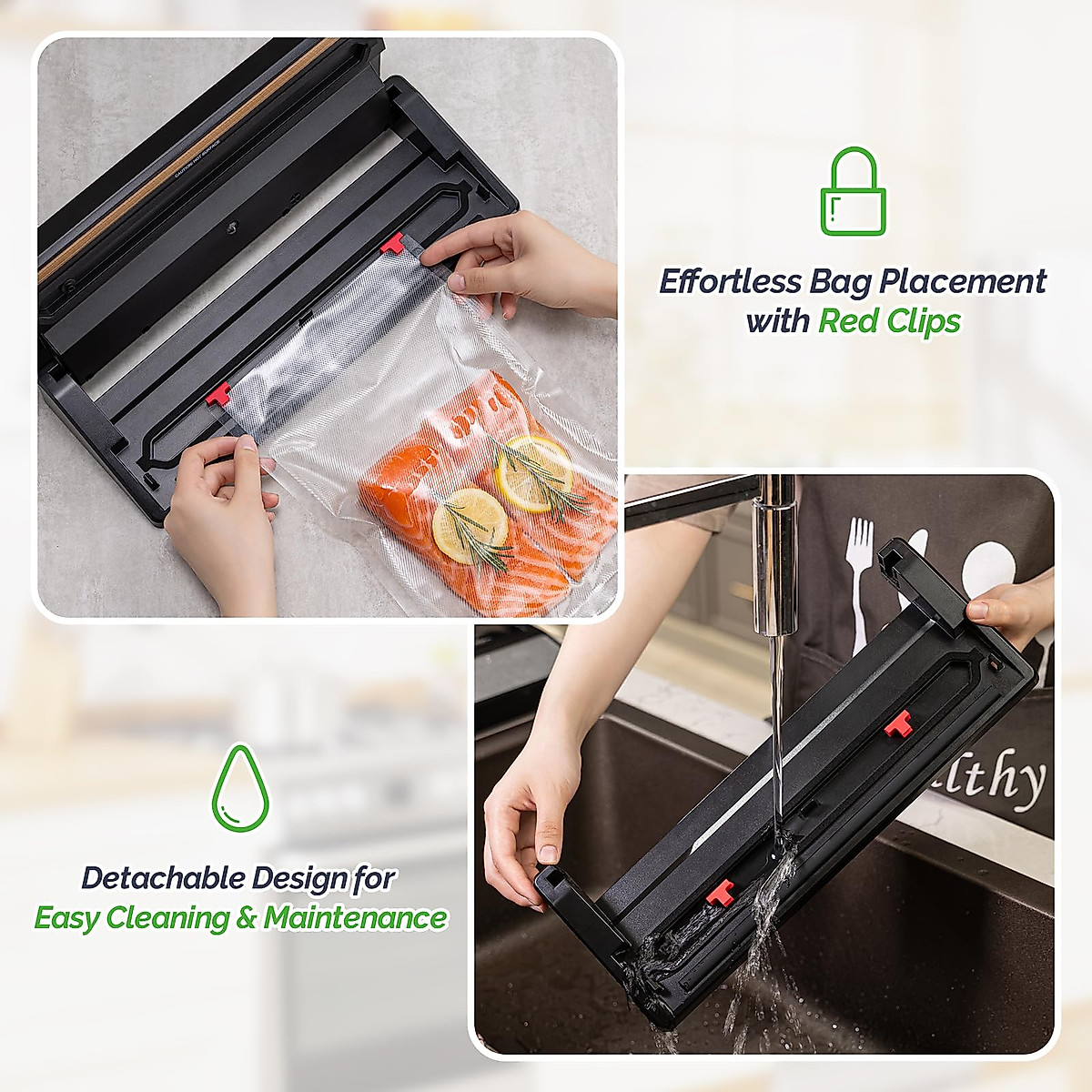GERYON Vacuum Sealer Machine, Automatic Food Sealer Detachable Design|Led Indicator Lights|Dry Moist Food Modes| Compact Design w/ Starter Kit(Silver)