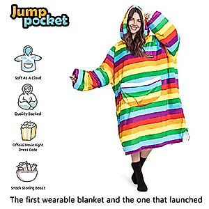 Jump Pocket Blanket Hoodie | Oversized Microfiber & Sherpa Wearable Blankets| Adult & Kids Size (Rainbow)