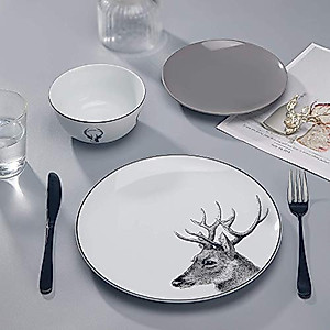 Kitchen Plates and Bowls Sets for 6, 18 Piece Dinnerware Sets, Dish Set with Deer Theme, Microwave Safe Plates and Bowls, Chip Resistant Dinnerware, Dishwasher Safe