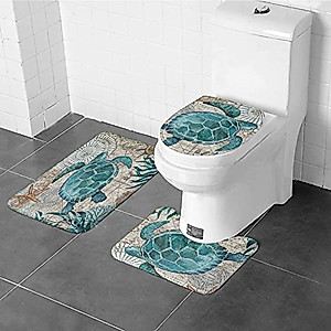 Jefuzh Sea Turtle Shower Curtain Sets with Non-Slip Rugs,Toilet Lid Cover Pad and Bath Mat,Bathroom Sets with Waterproof Durable Shower Curtains