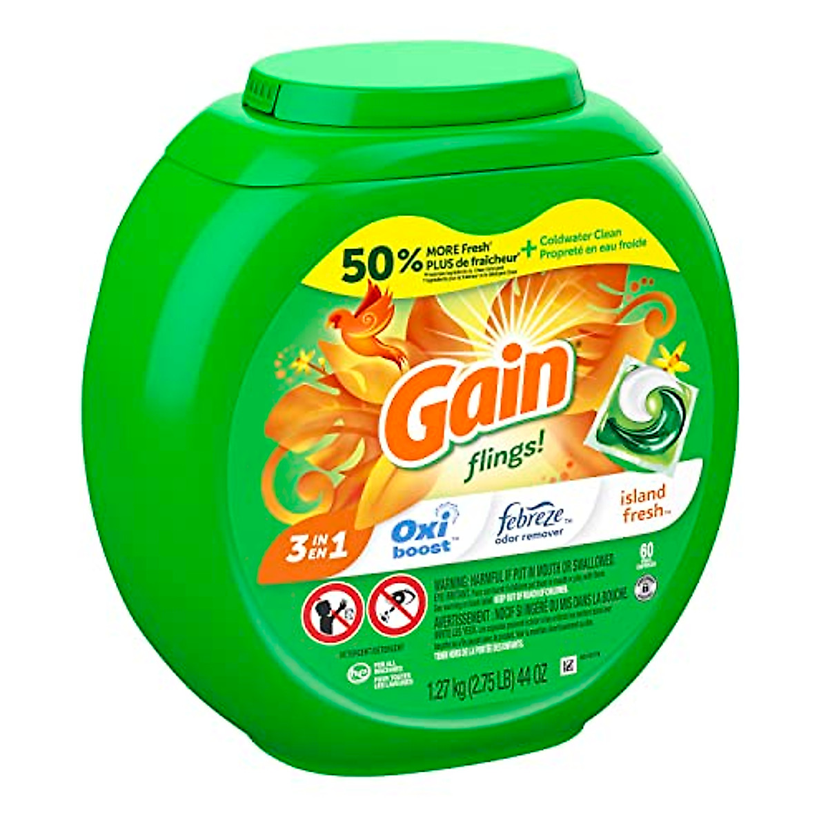 Gain flings! Laundry Detergent Soap Pacs HE Compatible 60 ct Long Lasting Scent Island Fresh