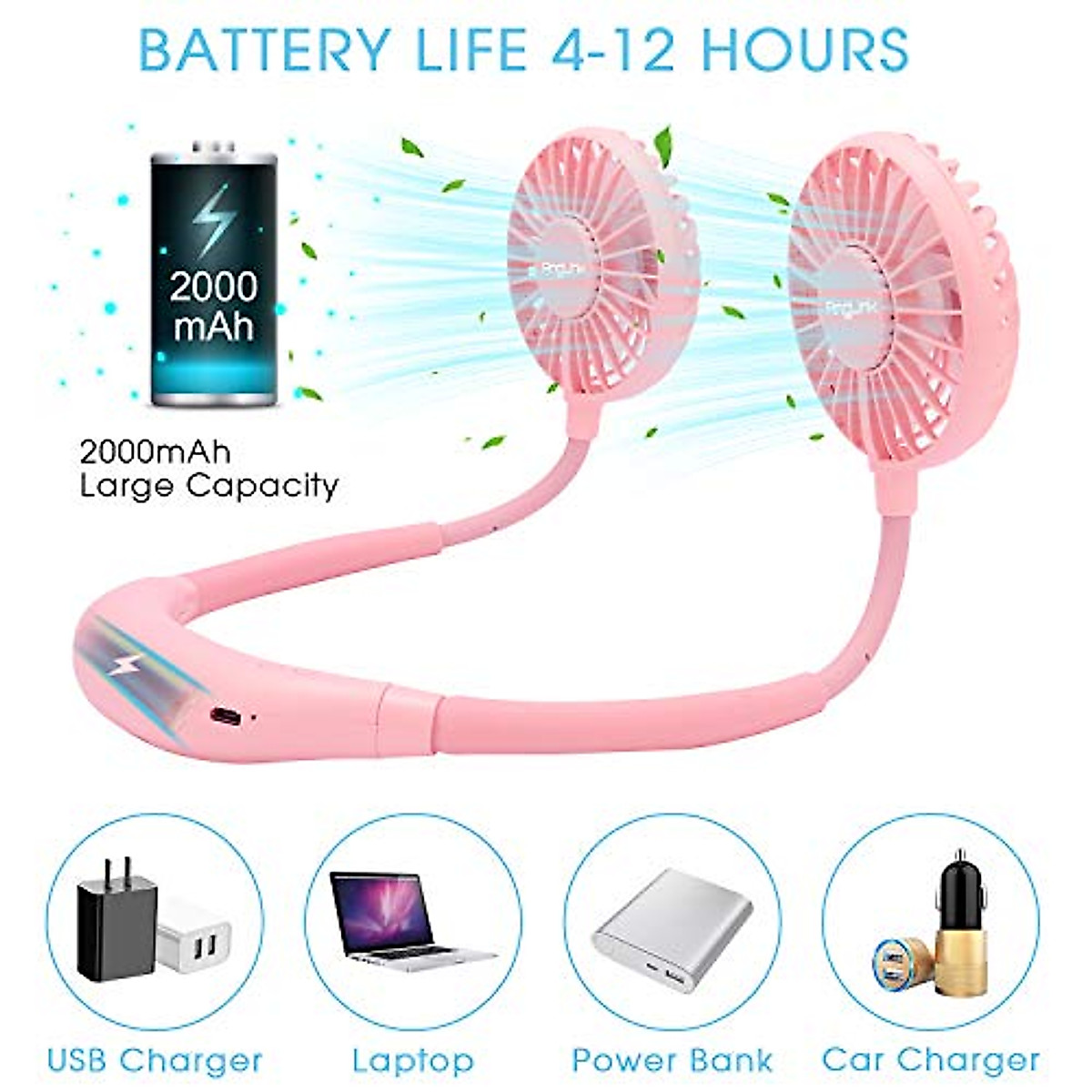 AngLink Portable Neck Fan with Colorful Led Light 360° Rotation - Quiet Hand Free USB Rechargeable Battery Operated Small Personal Fans for Kids Travel Camping Outdoor Office | Pink