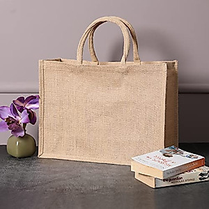 Jute Burlap Tote Bags with Handle | Natural Eco-friendly Reusable Grocery Bag | Totes for bridesmaids | By Yogi's Gift® (Pack of 5)