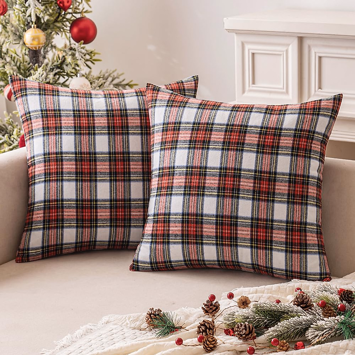 MIULEE Christmas Set of 2 Scottish Tartan Plaid Throw Pillow Covers Farmhouse Classic Decorative Square Cushion Cases for Home Decor Sofa Couch 18x18 Inch, Red and White